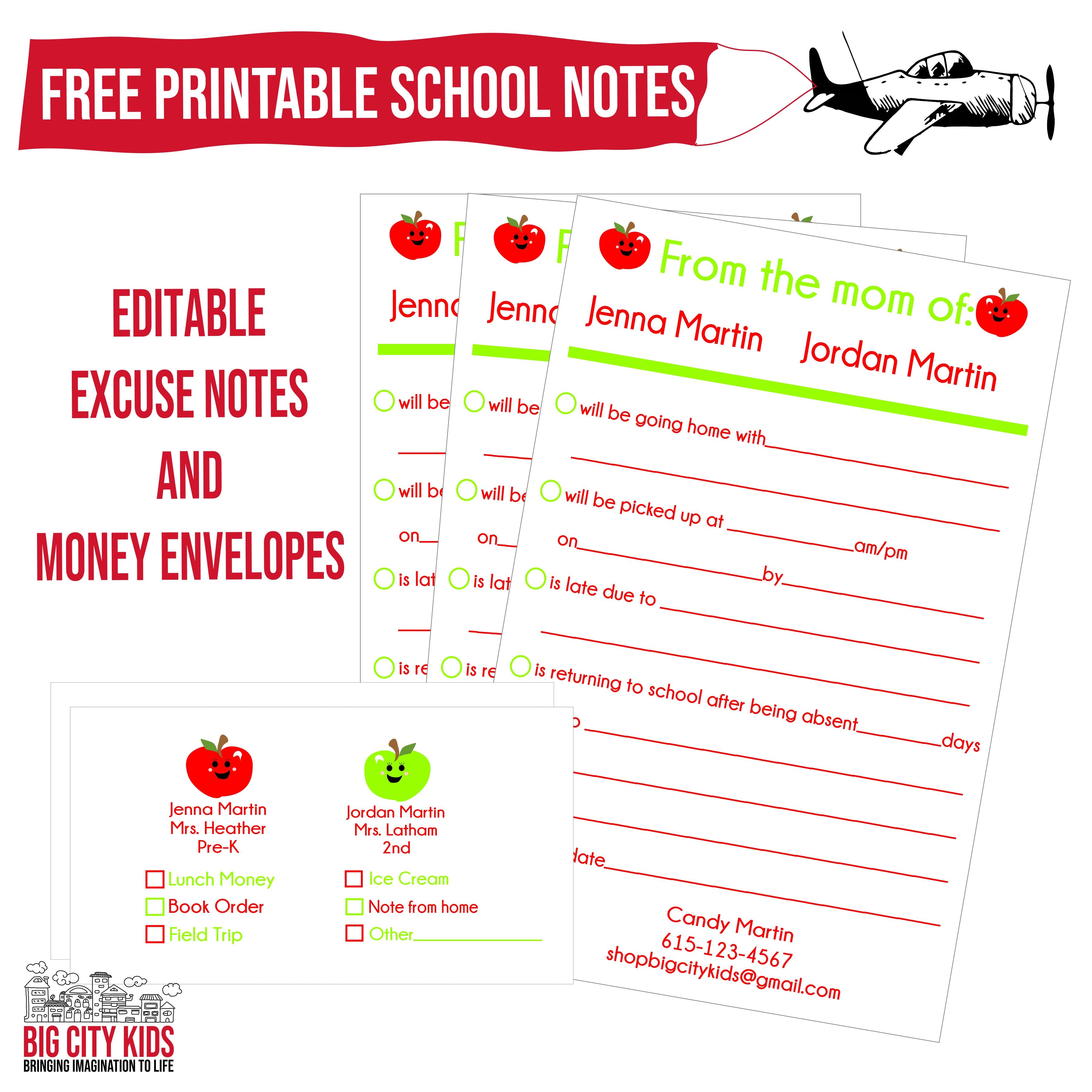 Free Download school envelopes and excuse notes – Big City Kids